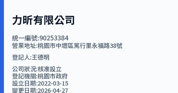 力昕有限公司的照片-統編 90253384(桃園市) 公司登記資料與營業項目詳細圖表