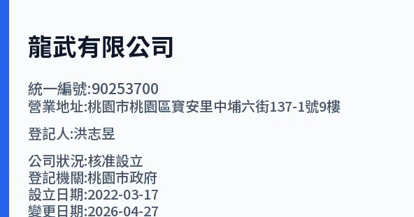 龍武有限公司的照片-統編 90253700(桃園市) 公司登記資料與營業項目詳細圖表