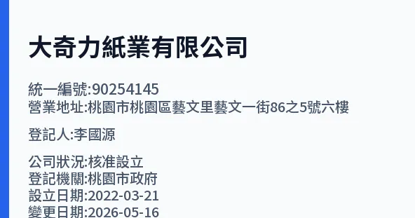 大奇力紙業有限公司的照片-統編 90254145(桃園市) 公司登記資料與營業項目詳細圖表