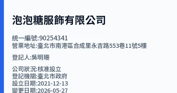 泡泡糖服飾有限公司的照片-統編 90254341(臺北市) 公司登記資料與營業項目詳細圖表