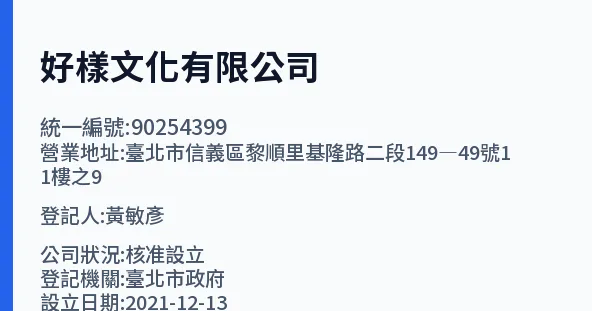 好樣文化有限公司的照片-統編 90254399(臺北市) 公司登記資料與營業項目詳細圖表