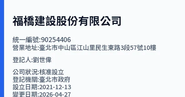 福橋建設股份有限公司的照片-統編 90254406(臺北市) 公司登記資料與營業項目詳細圖表