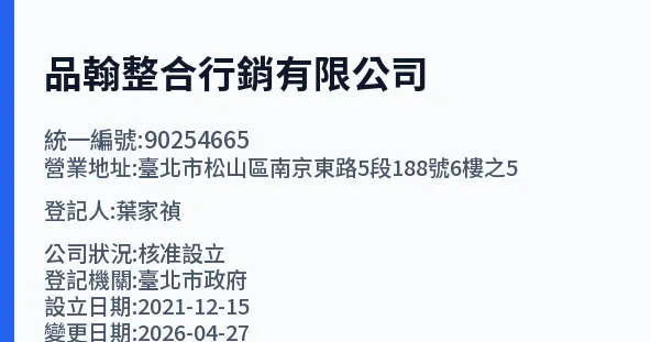 品翰整合行銷有限公司的照片-統編 90254665(臺北市) 公司登記資料與營業項目詳細圖表