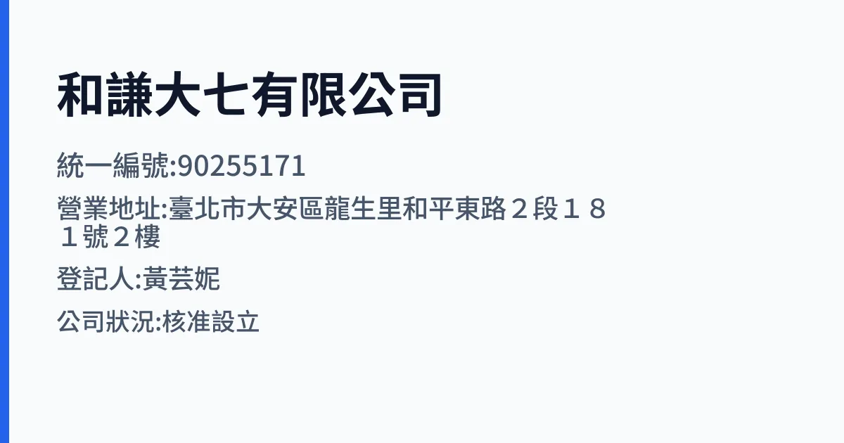 和謙大七有限公司 - 統編 90255171(臺北市) 公司登記資料與營業項目詳細圖表