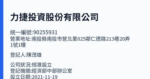 力捷投資股份有限公司的照片-統編 90255931(南投縣) 公司登記資料與營業項目詳細圖表