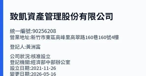 致凱資產管理股份有限公司的照片-統編 90256208(新竹市) 公司登記資料與營業項目詳細圖表