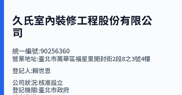 久氏室內裝修工程股份有限公司的照片-統編 90256360(臺北市) 公司登記資料與營業項目詳細圖表