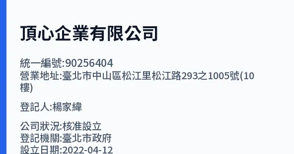 頂心企業有限公司的照片-統編 90256404(臺北市) 公司登記資料與營業項目詳細圖表