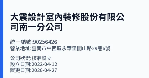 大震設計室內裝修股份有限公司南一分公司的照片-統編 90256426(臺南市) 公司登記資料與營業項目詳細圖表