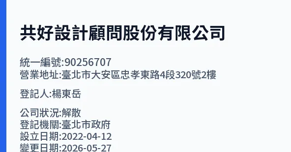 共好設計顧問股份有限公司的照片-統編 90256707(臺北市) 公司登記資料與營業項目詳細圖表