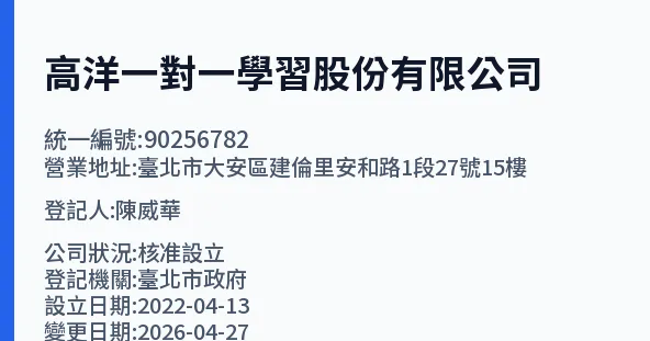 高洋一對一學習股份有限公司的照片-統編 90256782(臺北市) 公司登記資料與營業項目詳細圖表