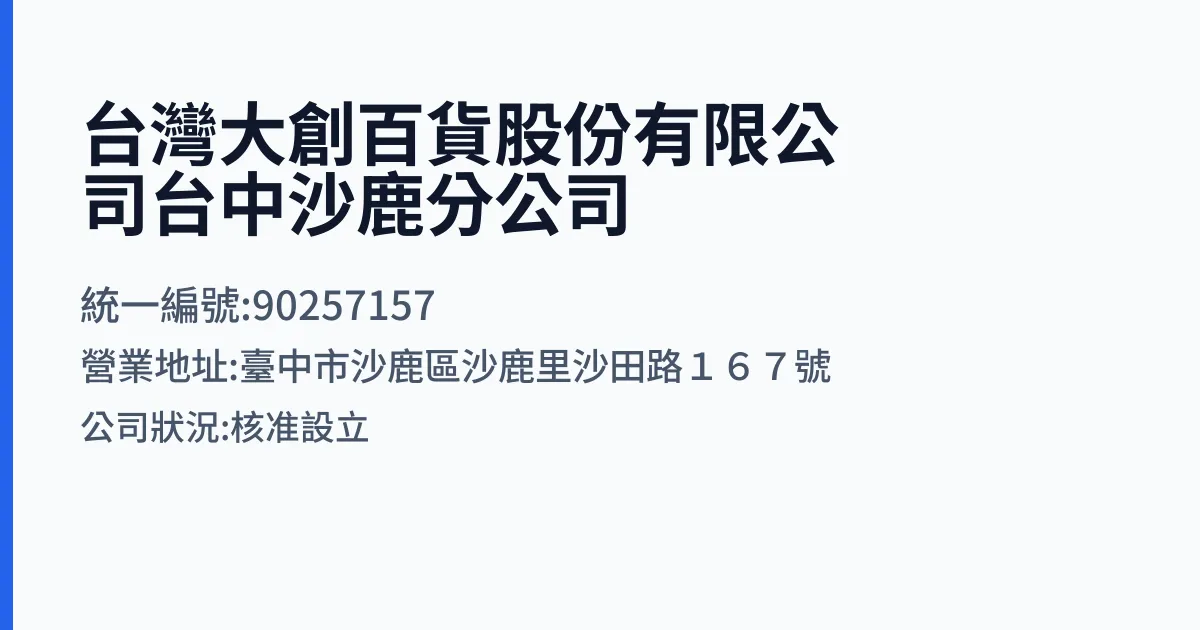台灣大創百貨股份有限公司台中沙鹿分公司 - 統編 90257157(臺中市) 公司登記資料與營業項目詳細圖表