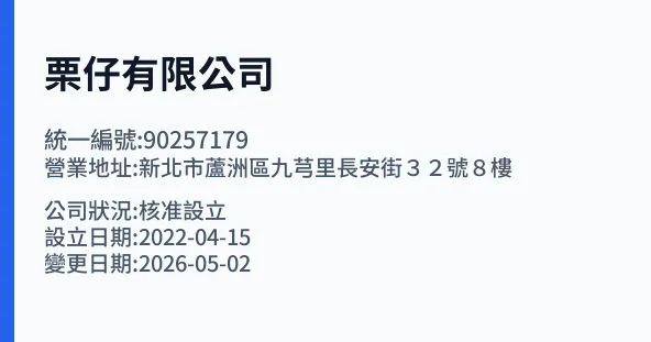 栗仔有限公司的照片-統編 90257179(新北市) 公司登記資料與營業項目詳細圖表