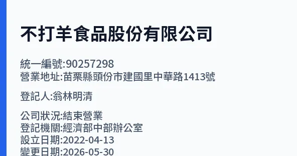 不打羊食品股份有限公司的照片-統編 90257298(苗栗縣) 公司登記資料與營業項目詳細圖表