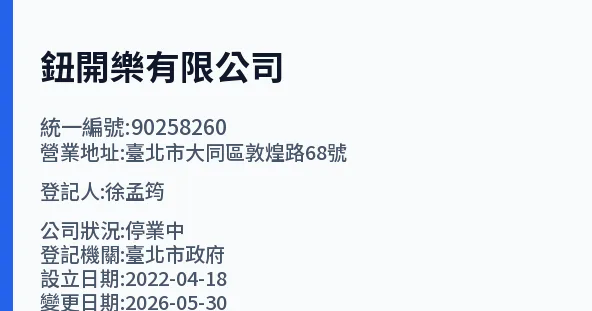 鈕開樂有限公司的照片-統編 90258260(臺北市) 公司登記資料與營業項目詳細圖表