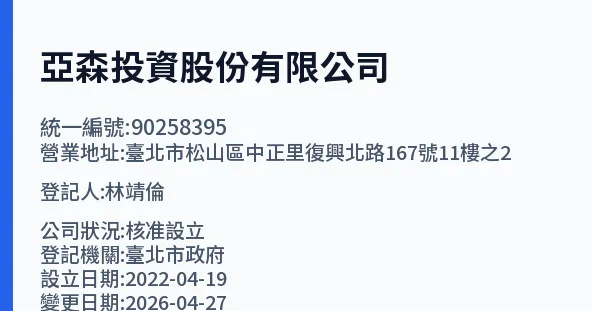 亞森投資股份有限公司的照片-統編 90258395(臺北市) 公司登記資料與營業項目詳細圖表