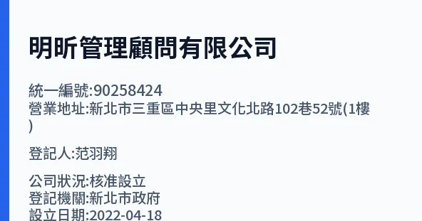 明昕管理顧問有限公司的照片-統編 90258424(新北市) 公司登記資料與營業項目詳細圖表