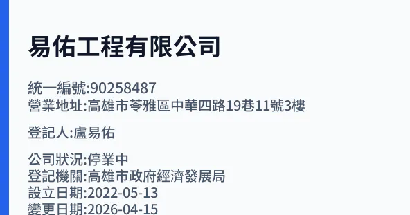 易佑工程有限公司的照片-統編 90258487(高雄市) 公司登記資料與營業項目詳細圖表