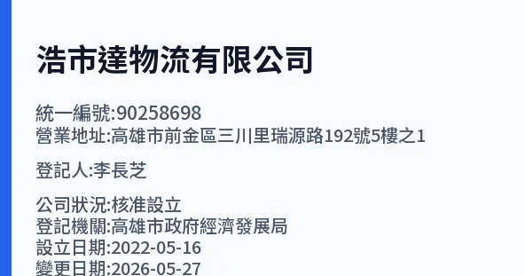 浩市達物流有限公司的照片-統編 90258698(高雄市) 公司登記資料與營業項目詳細圖表
