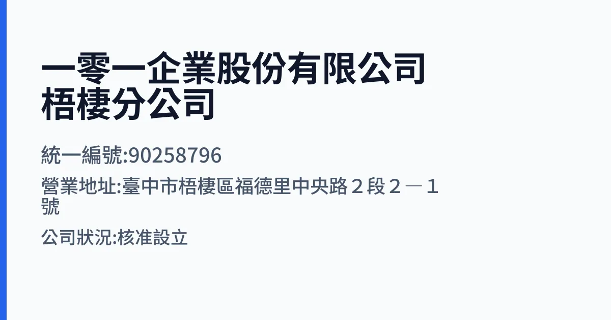 一零一企業股份有限公司梧棲分公司 - 統編 90258796(臺中市) 公司登記資料與營業項目詳細圖表