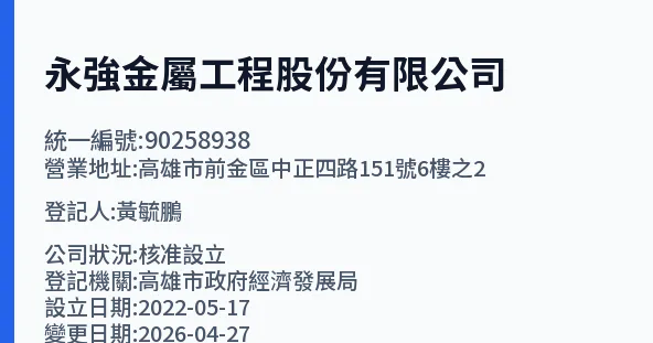 永強金屬工程股份有限公司的照片-統編 90258938(高雄市) 公司登記資料與營業項目詳細圖表