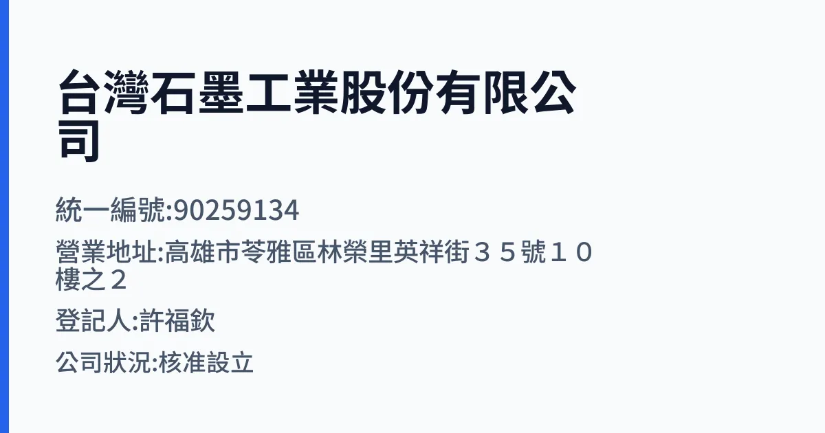 台灣石墨工業股份有限公司 - 統編 90259134(高雄市) 公司登記資料與營業項目詳細圖表