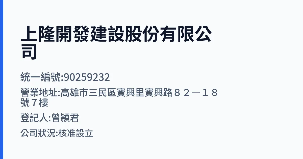 上隆開發建設股份有限公司 - 統編 90259232(高雄市) 公司登記資料與營業項目詳細圖表