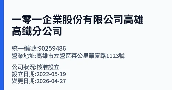 一零一企業股份有限公司高雄高鐵分公司的照片-統編 90259486(高雄市) 公司登記資料與營業項目詳細圖表
