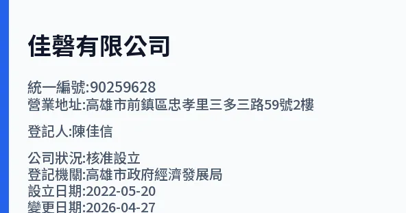 佳磬有限公司的照片-統編 90259628(高雄市) 公司登記資料與營業項目詳細圖表