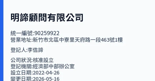明諦顧問有限公司的照片-統編 90259922(新竹市) 公司登記資料與營業項目詳細圖表