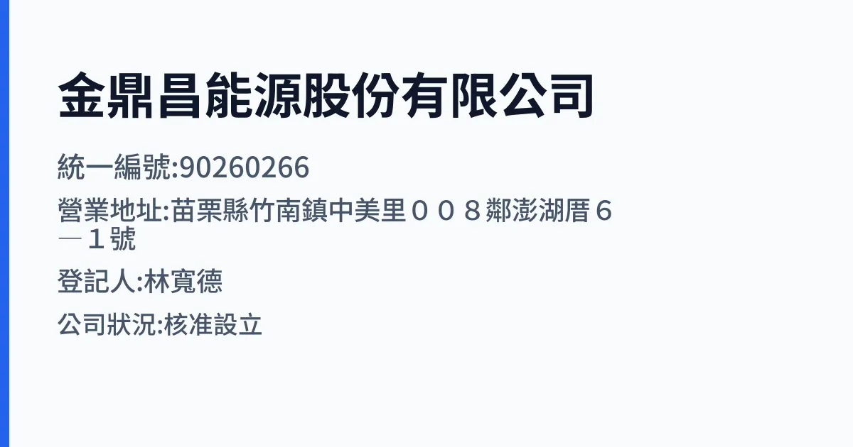 金鼎昌能源股份有限公司 - 統編 90260266(苗栗縣) 公司登記資料與營業項目詳細圖表