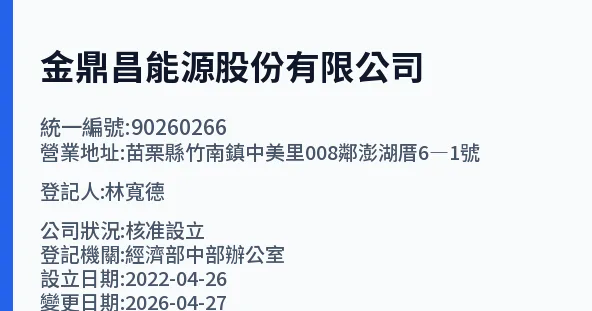 金鼎昌能源股份有限公司的照片-統編 90260266(苗栗縣) 公司登記資料與營業項目詳細圖表