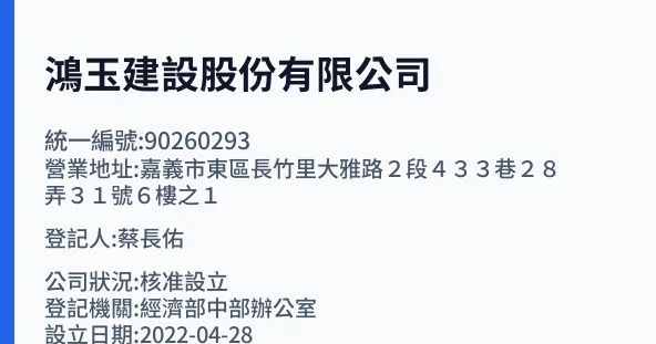鴻玉建設股份有限公司的照片-統編 90260293(嘉義市) 公司登記資料與營業項目詳細圖表