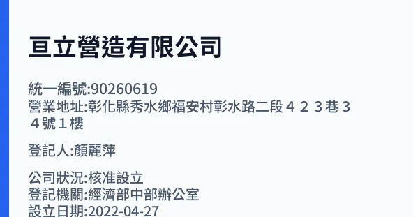 亘立營造有限公司的照片-統編 90260619(彰化縣) 公司登記資料與營業項目詳細圖表
