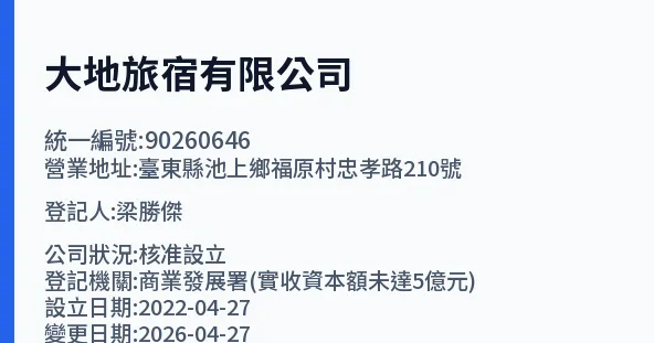 大地旅宿有限公司的照片-統編 90260646(臺東縣) 公司登記資料與營業項目詳細圖表