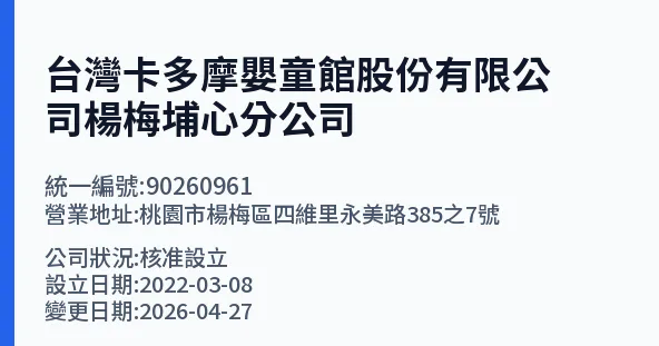 台灣卡多摩嬰童館股份有限公司楊梅埔心分公司的照片-統編 90260961(桃園市) 公司登記資料與營業項目詳細圖表