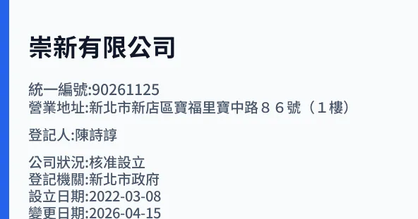 崇新有限公司的照片-統編 90261125(新北市) 公司登記資料與營業項目詳細圖表