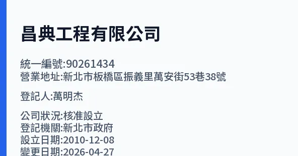 昌典工程有限公司的照片-統編 90261434(新北市) 公司登記資料與營業項目詳細圖表