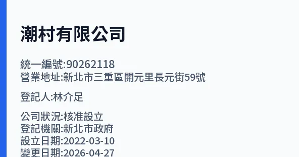 潮村有限公司的照片-統編 90262118(新北市) 公司登記資料與營業項目詳細圖表