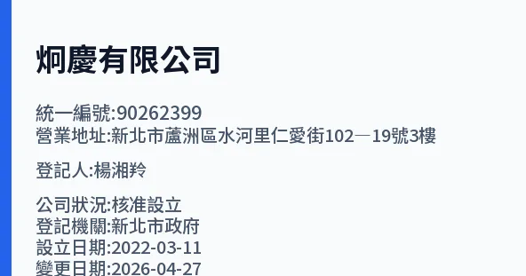 炯慶有限公司的照片-統編 90262399(新北市) 公司登記資料與營業項目詳細圖表