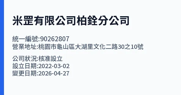 米罡有限公司柏銓分公司的照片-統編 90262807(桃園市) 公司登記資料與營業項目詳細圖表
