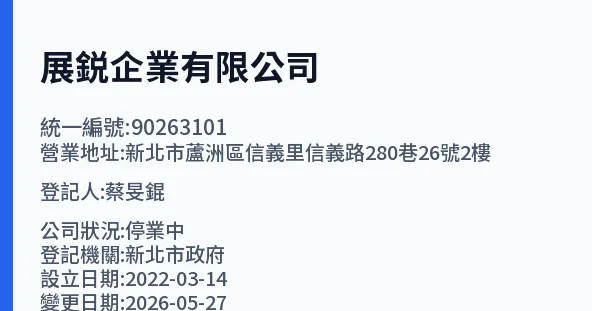 展鋭企業有限公司的照片-統編 90263101(新北市) 公司登記資料與營業項目詳細圖表