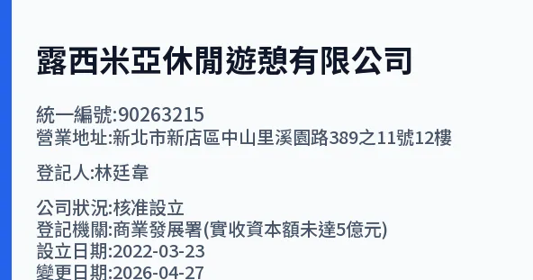 露西米亞休閒遊憩有限公司的照片-統編 90263215(新北市) 公司登記資料與營業項目詳細圖表