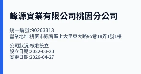 峰源實業有限公司桃園分公司的照片-統編 90263313(桃園市) 公司登記資料與營業項目詳細圖表