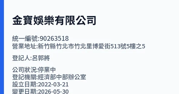金寶娛樂有限公司的照片-統編 90263518(新竹縣) 公司登記資料與營業項目詳細圖表