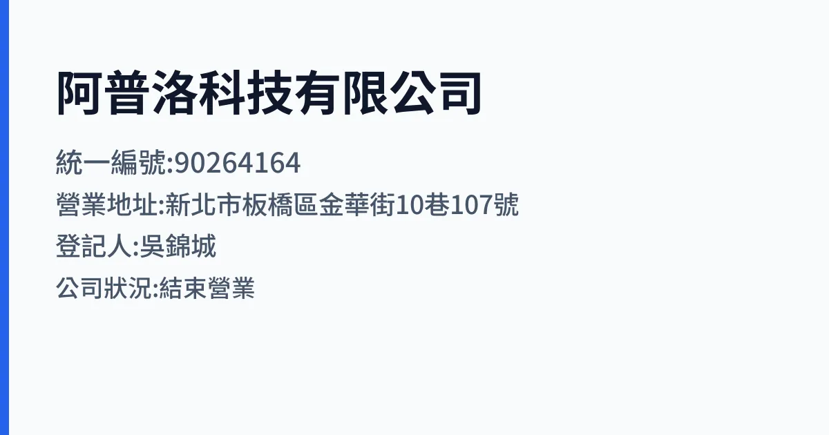 阿普洛科技有限公司 - 統編 90264164(新北市) 公司登記資料與營業項目詳細圖表