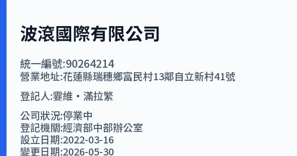 波滾國際有限公司的照片-統編 90264214(花蓮縣) 公司登記資料與營業項目詳細圖表