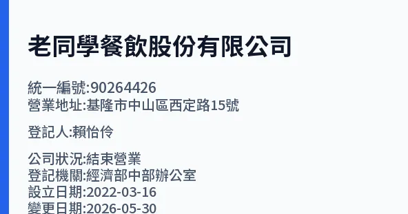 老同學餐飲股份有限公司的照片-統編 90264426(基隆市) 公司登記資料與營業項目詳細圖表