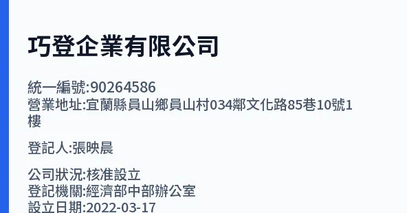 巧登企業有限公司的照片-統編 90264586(宜蘭縣) 公司登記資料與營業項目詳細圖表