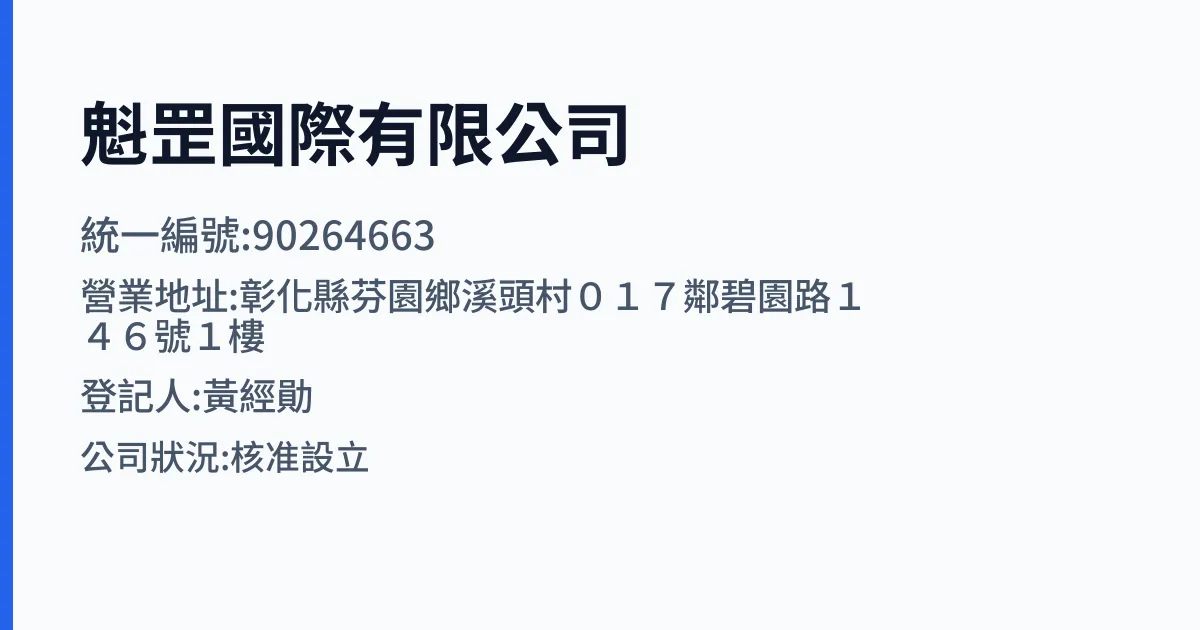 魁罡國際有限公司 - 統編 90264663(彰化縣) 公司登記資料與營業項目詳細圖表